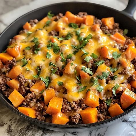 Cheesy Tex Mex Ground Beef And Sweet Potato Skillet 30 Minutes Easy Delicious