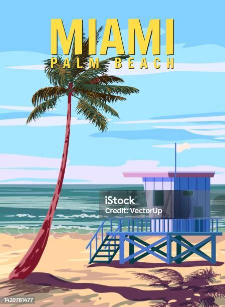마이애미 비치 레트로 포스터 해변 야자수 해안 서핑 바다에있는 인명 구조 대원 벡터 일러스트 레이 션 빈티지 마이애미에 대한 스톡 벡터 아트 및 기타 이미지 Istock