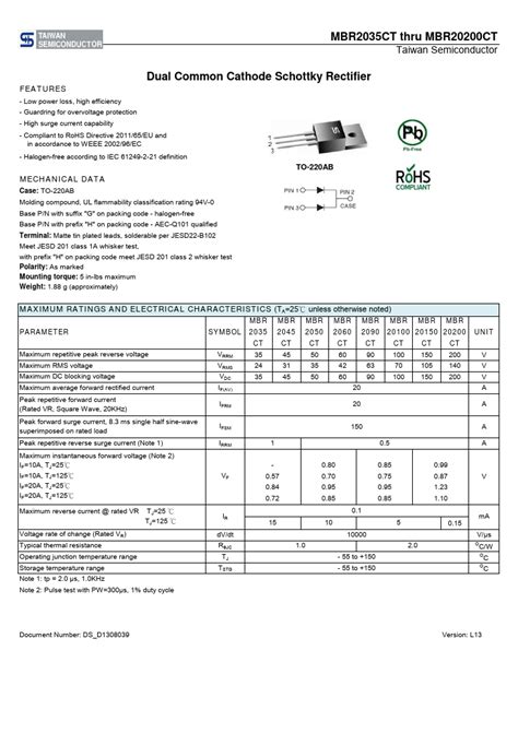 Mbr2045ct Datasheet Dual Common Cathode Schottky Rectifier Taiwan
