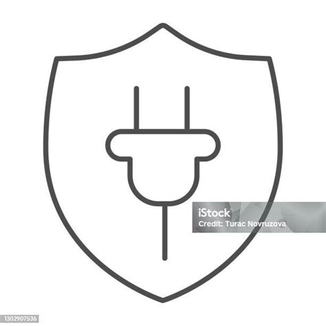 보호 엠블럼과 플러그 얇은 라인 아이콘 전기 자동차 개념 흰색 배경에 대체 전기 에너지 자원 기호를 보호 윤곽 스타일에 플러그 와 방패 아이콘 벡터 그래픽 검은색에 대한