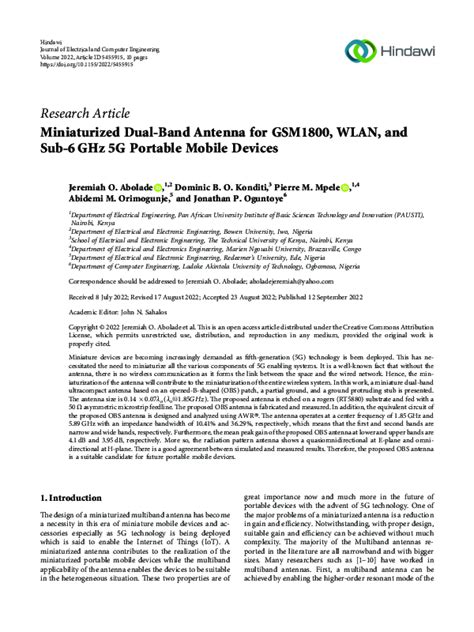 Pdf Miniaturized Dual Band Antenna For Gsm1800 Wlan And Sub 6 Ghz 5g Portable Mobile Devices