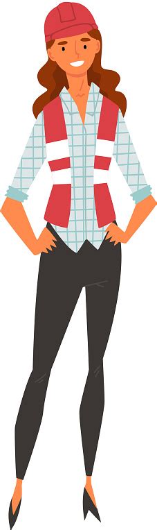 빨간 하드 모자 헬멧과 조끼 건설 엔지니어 수리 노동자 벡터 일러스트와 웃는 여성 건물 노동자 캐릭터 건물 외관에 대한 스톡 벡터 아트 및 기타 이미지 Istock