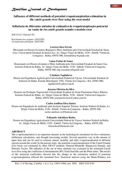 Pdf Influence Of Different Methods Of Potential Evapotranspiration Estimation In The Catolé