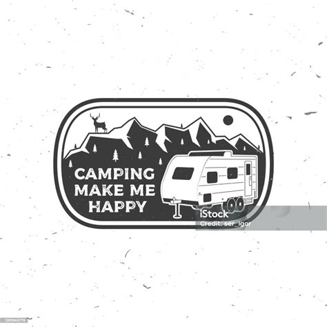 캠핑은 나를 행복하게 만든다 여름 캠프 벡터 셔츠 또는 로고 인쇄 스탬프 또는 티셔츠에 대한 개념 Rv 캠핑카 산 숲 실루엣