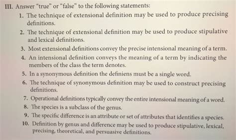 Solved Iii Answer True Or False To The Following