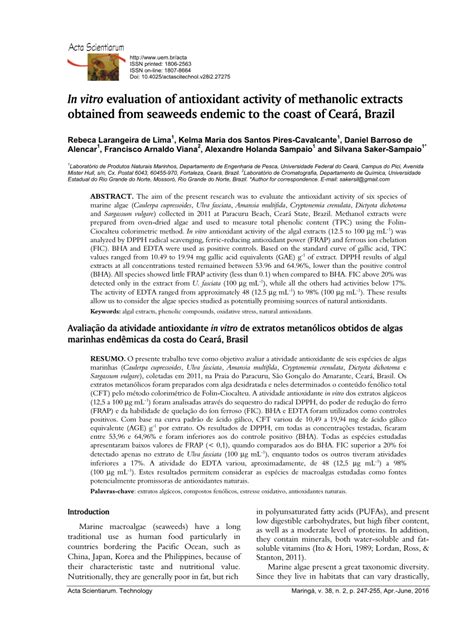 Pdf In Vitro Evaluation Of Antioxidant Activity Of Methanolic