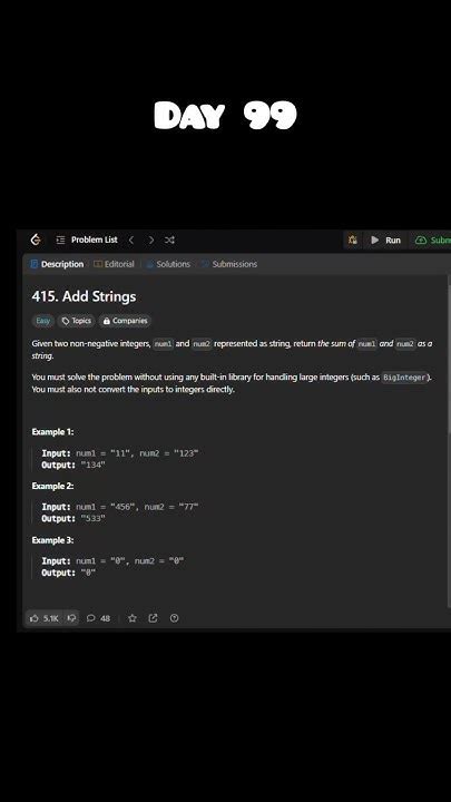 Leetcode 415 Add Strings Javaprogramming 100daysofcodingchallenge