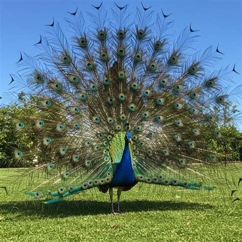 A Peacock Displays Its Magnificent Tail Feathers In A Full Fan On A