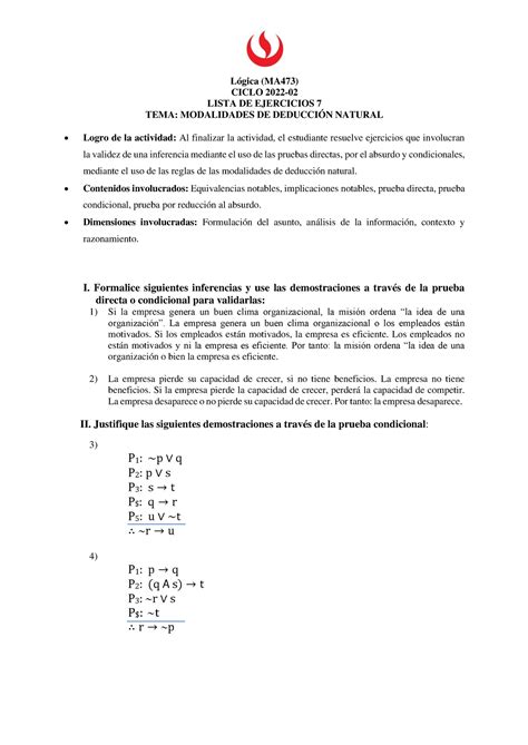 Lista De Ejercicios 07 Lógica Ma473 Ciclo 2022 Lista De Ejercicios 7 Tema