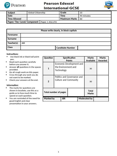 Pearson Igcse Exam Template 1 Pdf