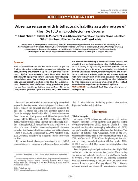 Pdf Absence Seizures With Intellectual Disability As A Phenotype Of The 15q13 3 Microdeletion