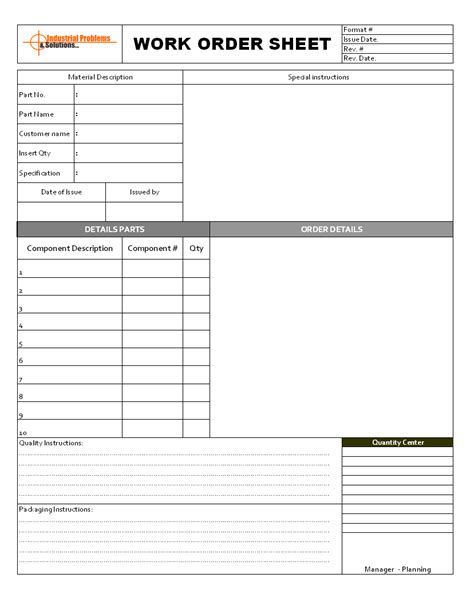 Work Order Sheet Format