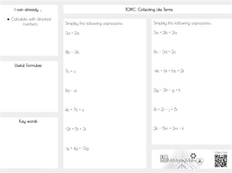 Collecting Like Terms Simplifying Expressions Teaching Resources