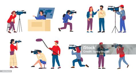 사진사 뉴스 승무원과 기자 기자 인터뷰 텔레비전 프로그램 녹화 전문 카메라와 마이크를 가진 특파원 실시간 스트리밍 보고서 벡터