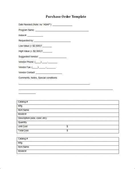 Purchase Order Template Free Templates