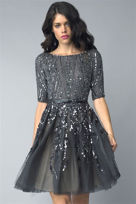 Tulle And Sequin Cocktail Dress With 34 Sleeve And Flare Skirt Party