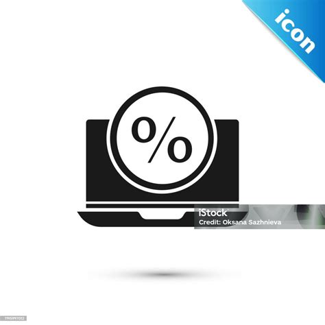 흰색 배경에 격리 된 블랙 퍼센트 기호 할인 및 노트북 아이콘 판매 비율 가격 레이블 태그 벡터 일러스트레이션 개념에 대한 스톡 벡터 아트 및 기타 이미지 Istock
