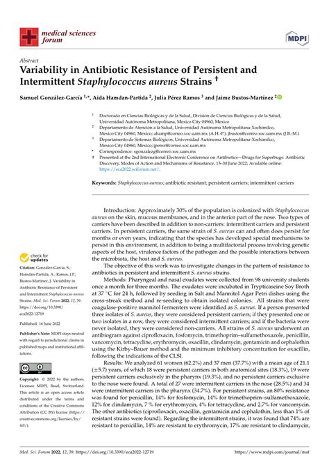 Pdf Variability In Antibiotic Resistance Of Persistent And Intermittent Staphylococcus Aureus