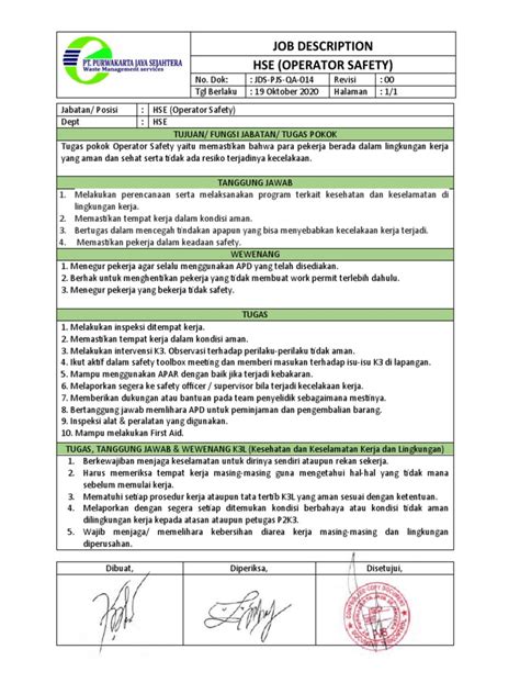 Rev Jds Pjs Qa 014 Job Desk Hse Operator Safety Pdf