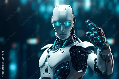 Cyber Digital World Android Robot Pointing Finger Computer Coding Ai