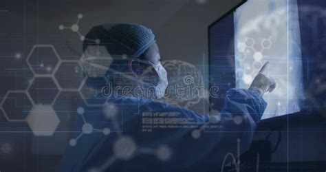 Image Of Data Processing With Molecules And Brains Over African American Female Surgeon Stock