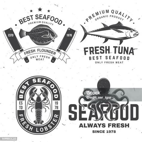 최고의 해산물 배지 세트 신선한 랍스터 문어 알래스카 단독 또는 넙치 참치 벡터 그림입니다 해산물 엠블럼 간판 패치 셔츠 메뉴 레스토랑 수산 시장 랍스터 문어 알래스카 단독