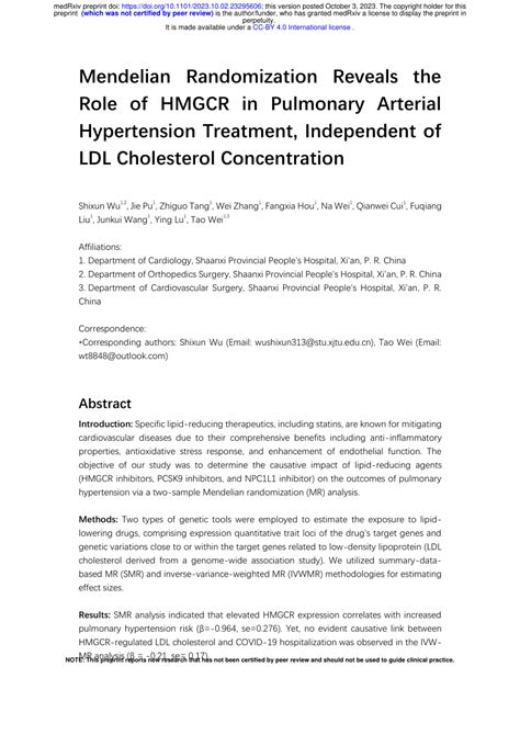 Pdf Mendelian Randomization Reveals The Role Of Hmgcr In Pulmonary Arterial Hypertension
