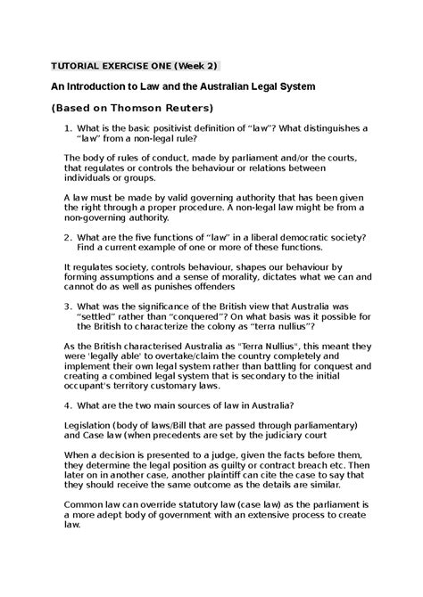 Tutorial 1 Tutorial Exercise One Week 2 An Introduction To Law And The Australian Legal