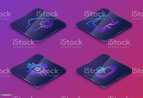 Isometric 라인 클라우드 기술 데이터 전송 및 저장 프로세서 폴더 및 잠금 및 가상 현실 안경을 설정합니다 파란색 정사각형 버튼 벡터 3차원 형태에 대한 스톡 벡터