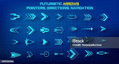 미래 화살표 세트 미래 지향적 인 인터페이스 Hud 디자인 요소 화살표 포인터 방향 홀로그램 화살표 세트 포인터 인포그래픽 또는