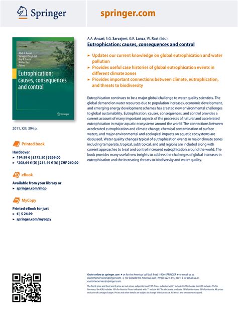 Pdf Eutrophication Causes Consequences And Control Volume 1