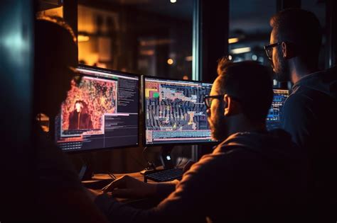 Two Men Are Seated In Front Of Three Computer Monitors Working And