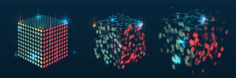 사각형 배열 및 이진 코드가 있는 추상 스트림 정보입니다 기계 알고리즘 필터링 큐브 빅 데이터 시각화 정보 분석 개념 데이터