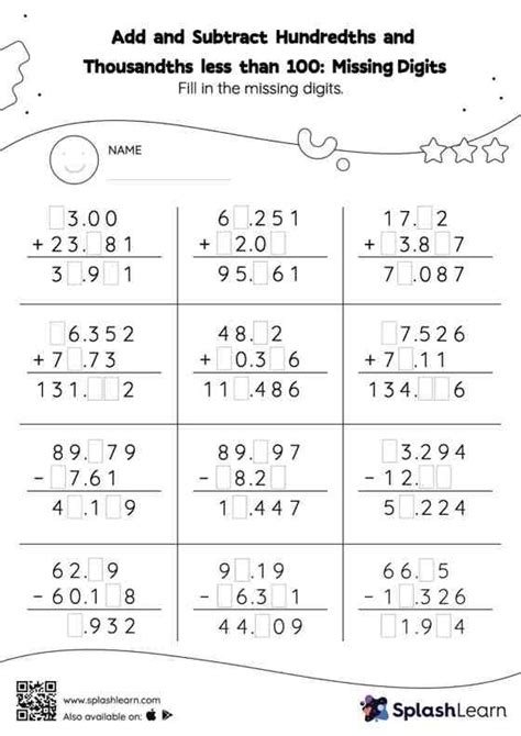 Add And Subtract Hundredths And Thousandths Less Than 100 Missing Digits Worksheet