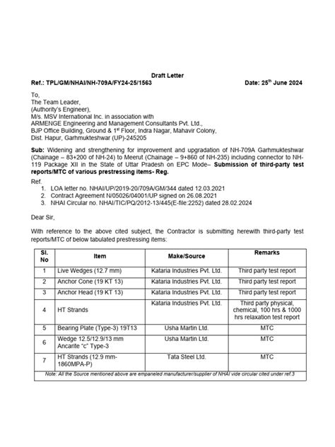 15xx Draft Letter Reg Submission Third Party Test Reports Of Prestressing Item Pdf Road