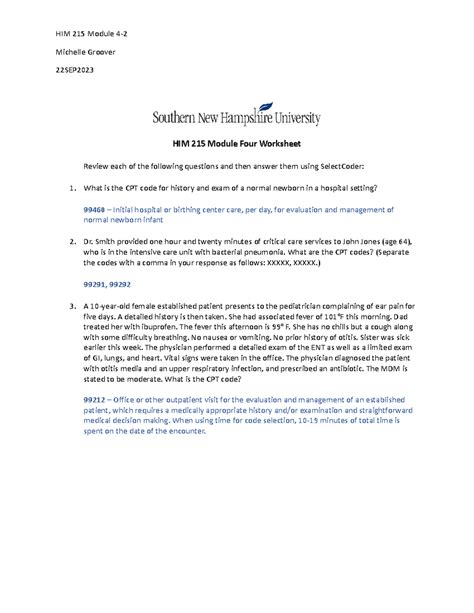 Him 215 Module 4 2 Worksheet Coding Cpt And Em Him 215 Module 4 Michelle Groover 22sep Him