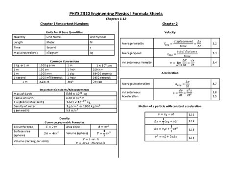 Engineering Physics For Engineers And Scientists I Formula Sheets Chapters To PHYS