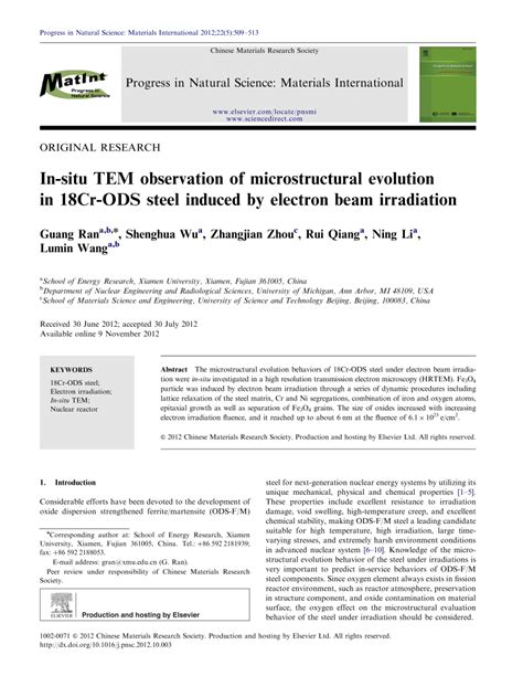 Pdf In Situ Tem Observation Of Microstructural Evolution In 18cr Ods Steel Induced By Electron