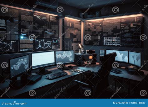 A Computer Desk With Multiple Monitors And A Chair Generative Ai Stock