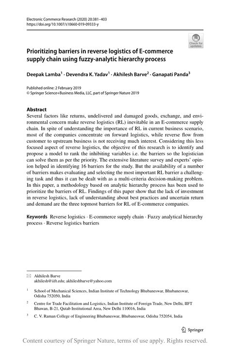Prioritizing Barriers In Reverse Logistics Of E Commerce Supply Chain