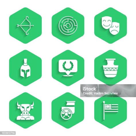 월계수 화환 고대 전차 그리스 국기 암포레이 미노타우로스 그리스 헬멧 코미디와 비극 마스크 화살표 아이콘이 있는 중세 활을