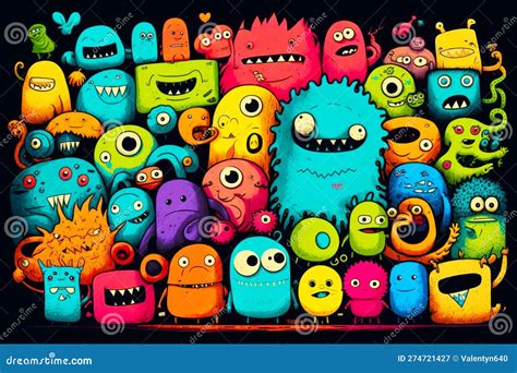 Image Of Bunch Of Different Colored Monsters With Big Eyes And Mouths