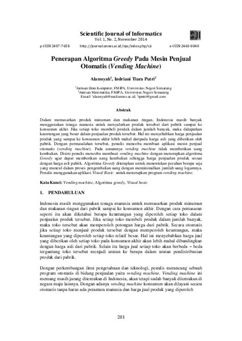 Pdf Penerapan Algoritma Greedy Pada Mesin Penjual Otomatis Vending Machine Tiara Nindya