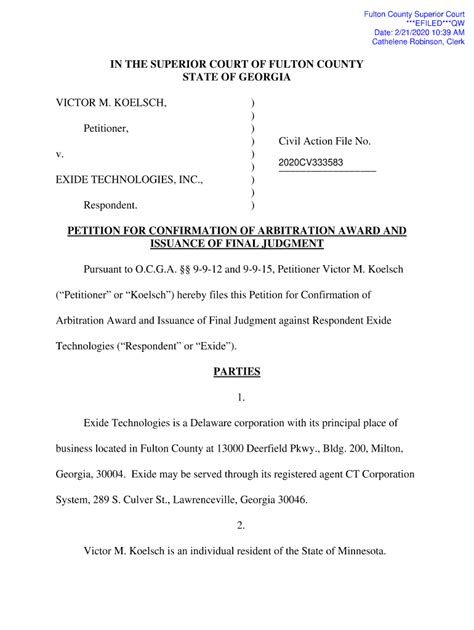 Petition For Confirmation Of Arbitration Award And Form Fill Out And