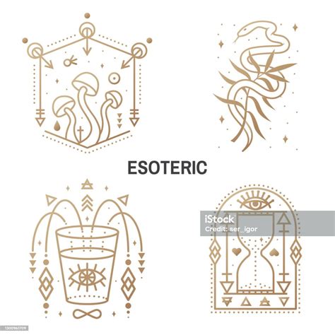 난해 심볼 벡터 씬 선 기하학적 배지 연금술 또는 신성한 형상에 대한 개요 아이콘 연금술 기호 버섯 뱀 야생화 모래 시계 유리와 신비와 마법의 디자인 무한에 대한 스톡 벡터