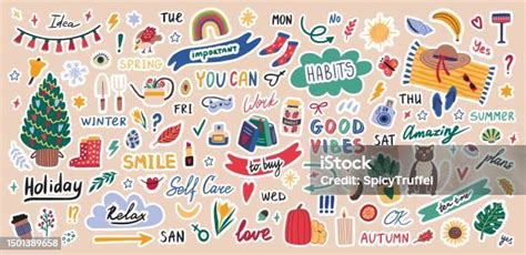 귀여운 스크랩북 플래너 요소 일기 스티커 주간 달력 소녀 의제 일기를 위한 낙서 종이 모음 크리스마스 트리 귀여운 고양이와 문구 노트북 벡터 만화 아이콘 세트 스크랩북에