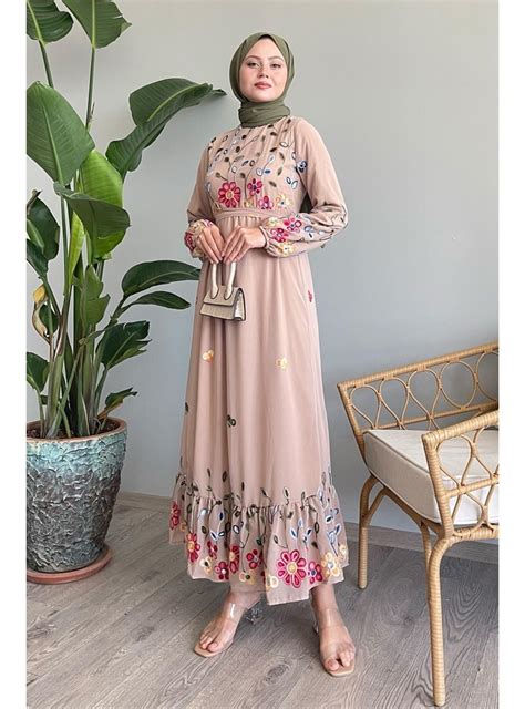 Beige Crew Neck Modest Dress