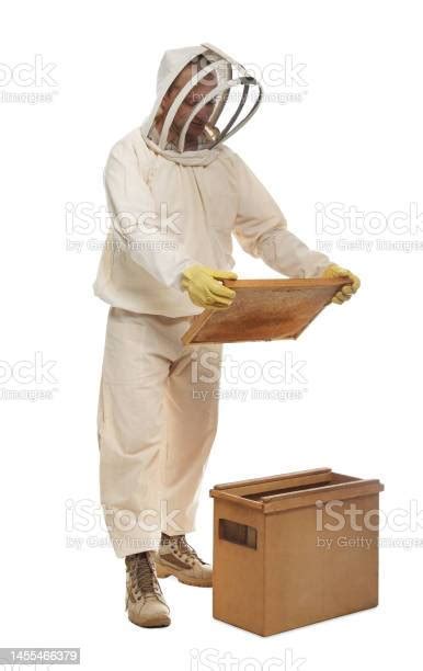 흰색 배경에 나무 벌집 근처에 벌집이 있는 균일한 고정 프레임의 양봉가 40 44세에 대한 스톡 사진 및 기타 이미지 40