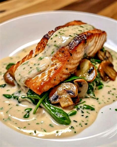 Garlic Butter Salmon With Spinach And Mushrooms In Creamy Sauce