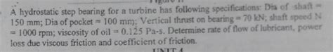 Solved A Hydrostatic Step Bearing For A Turbine Has